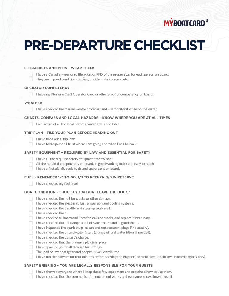 Pre-Departure Checklist – MyBoatCard.com® | Official Canadian Boating ...